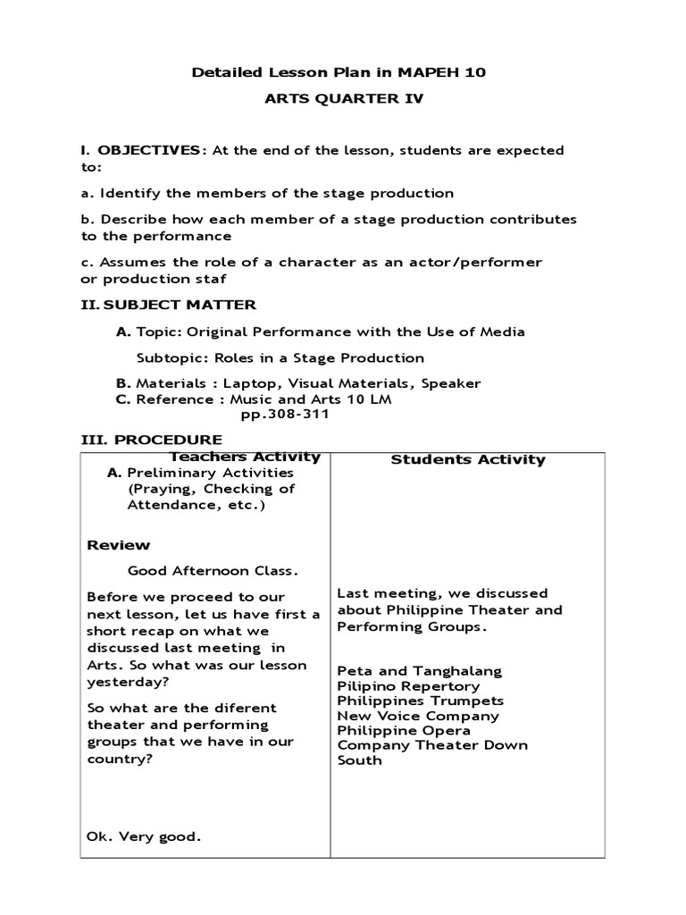Detailed Lesson Plan in Mapeh 10 | PDF | Actor | Cognition