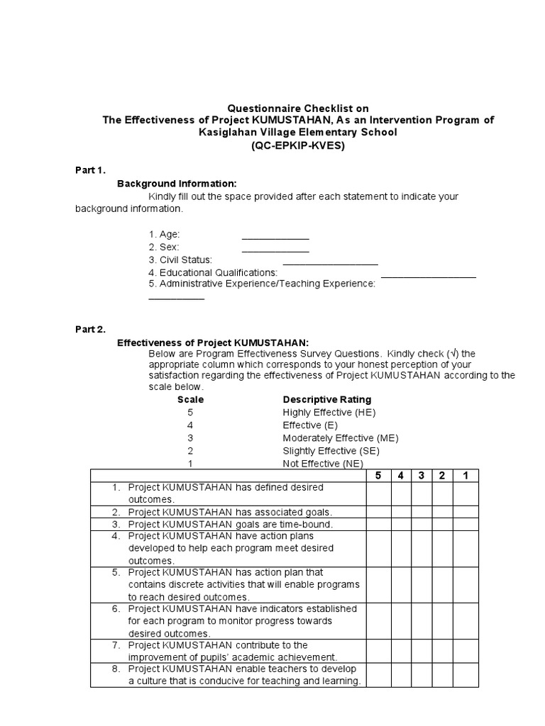 Effectiveness of Kumustahan Questionnaire Checklist | PDF | Teachers ...