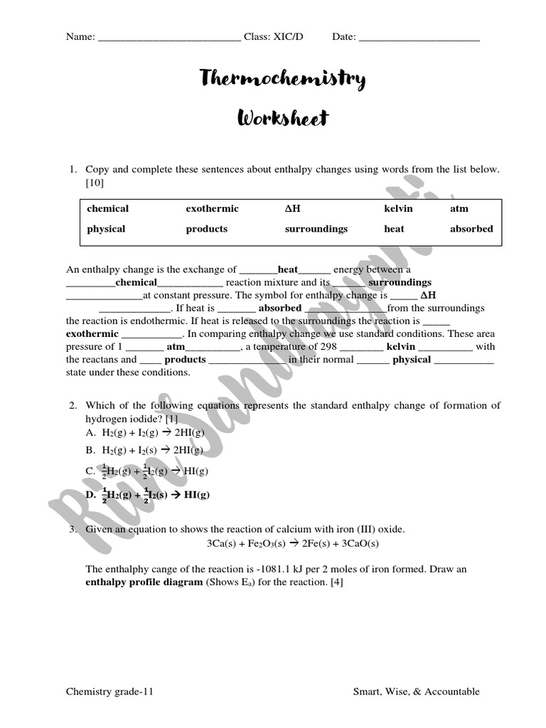 Thermochemistry Worksheet 1 | PDF | Enthalpy | Chemical Substances