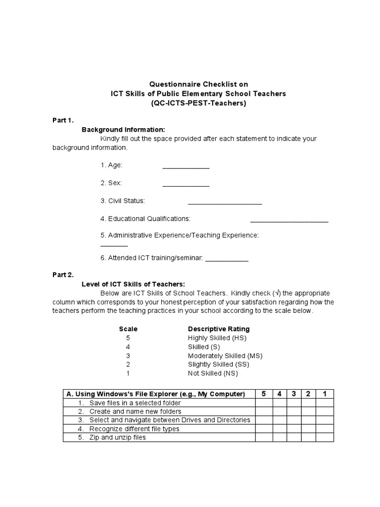 ICT Skills of Teachers Questionnaire | PDF | Educational Technology ...