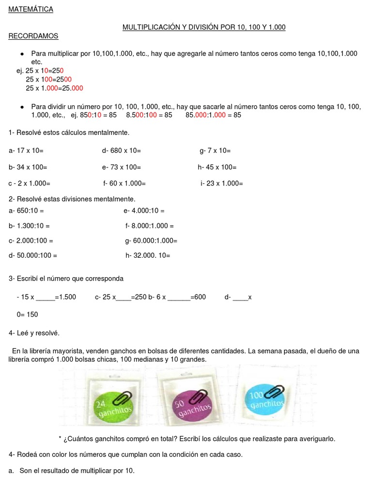 Multiplicación y División por 10, 100 y 1000 | PDF