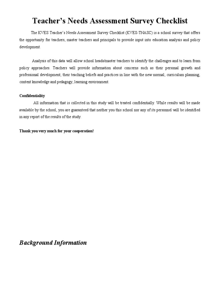 Teacher's Needs Assessment Survey Checklist | PDF | Educational ...