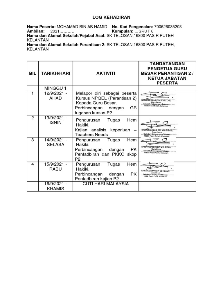 Log Kehadiran - Mohamad Bin Ab Hamid - Srut6 | PDF