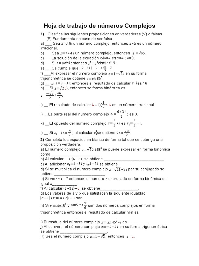 Hoja De Trabajo De Números Complejos