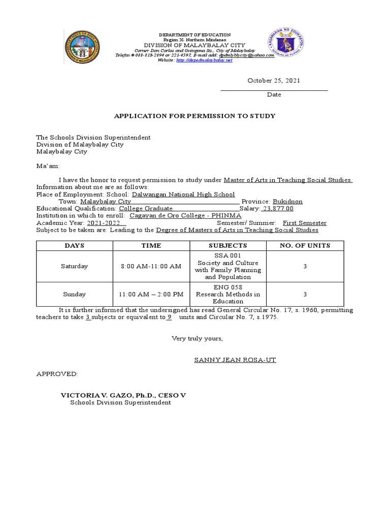 Application For Permission To Study: Division of Malaybalay City | PDF ...