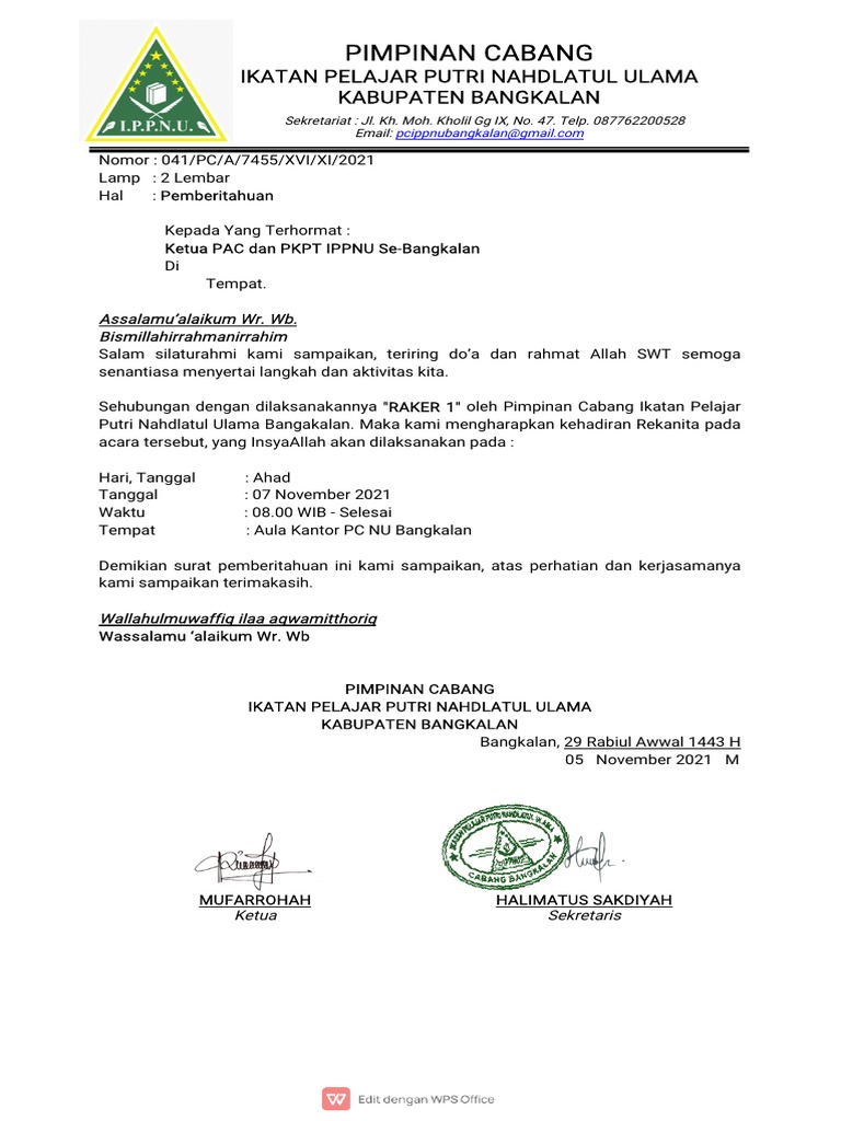 Surat Pemberitahuan Raker 1 PC Ipnu Ippnu BKL | PDF