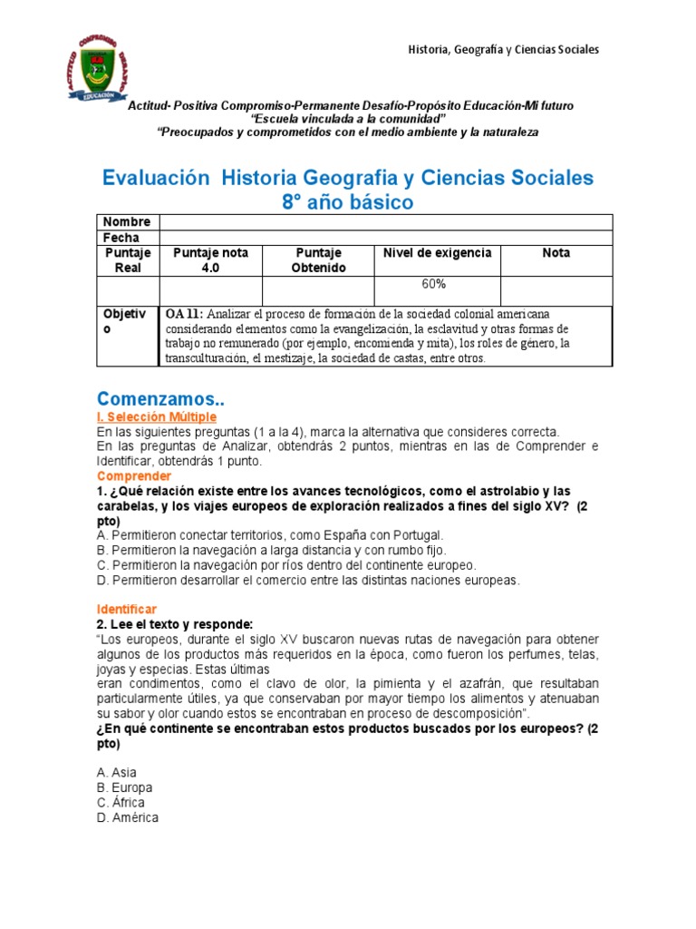 Prueba de Historia 8° ORIGINAL | PDF | Europa