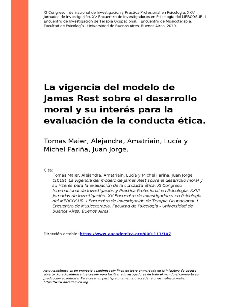 NO La Vigencia Del Modelo de James Rest Sobre El Desarrollo Moral y Su ...