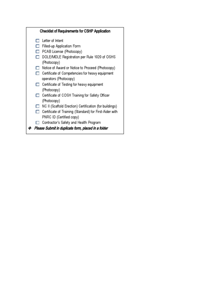 CSHP Application Requirements Checklist | PDF | Business