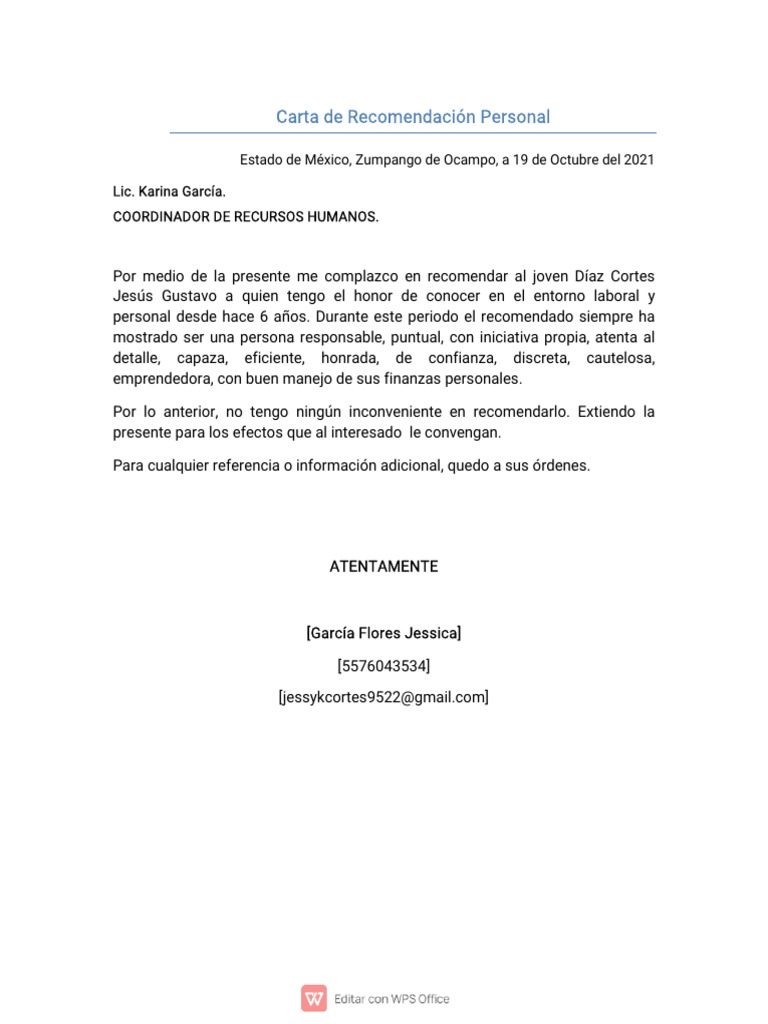 Carta De Recomedacion Personal Pdf