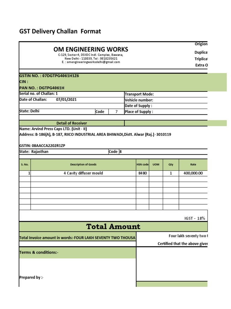 GST Delivery Challan Format Om Engineering Works: Total Amount | PDF