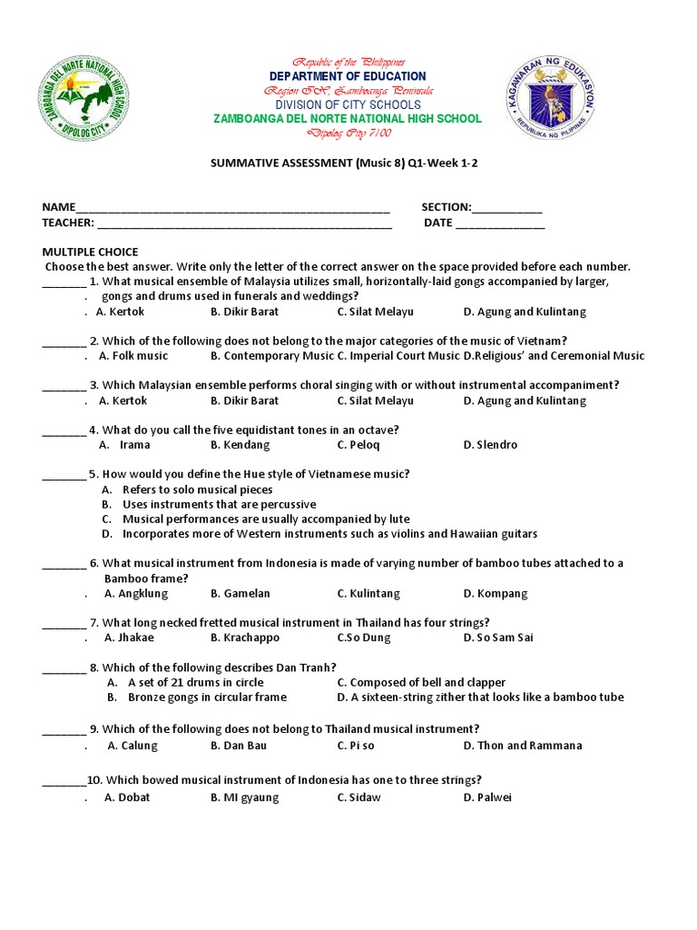 Zamboanga Del Norte National High School: SUMMATIVE ASSESSMENT (Music 8 ...
