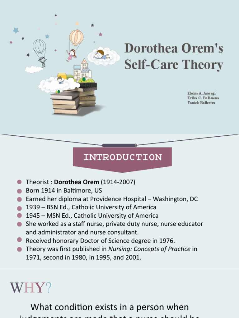 Dorothea Orem's Self-Care Theory: Eloisa A. Aswegi Erika C. Balbuena ...