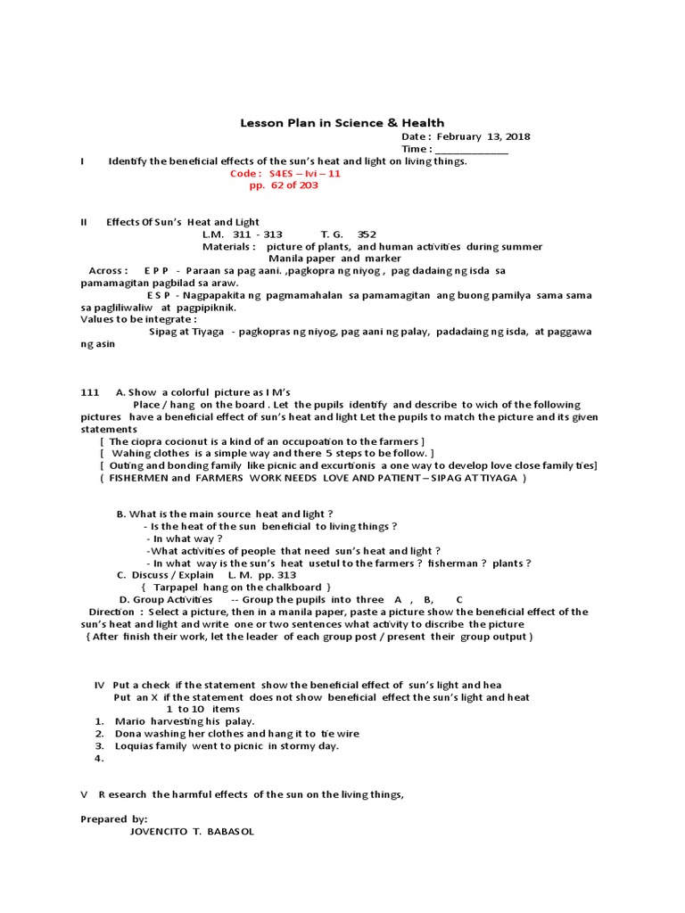 Lesson Plan in Science & Health: Code: S4ES - Ivi - 11 Pp. 62 of 203 | PDF