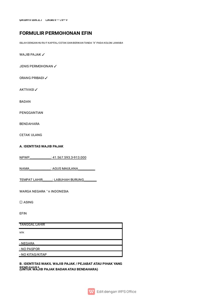 Formulir Aktivasi EFIN Pajak | PDF | Hukum