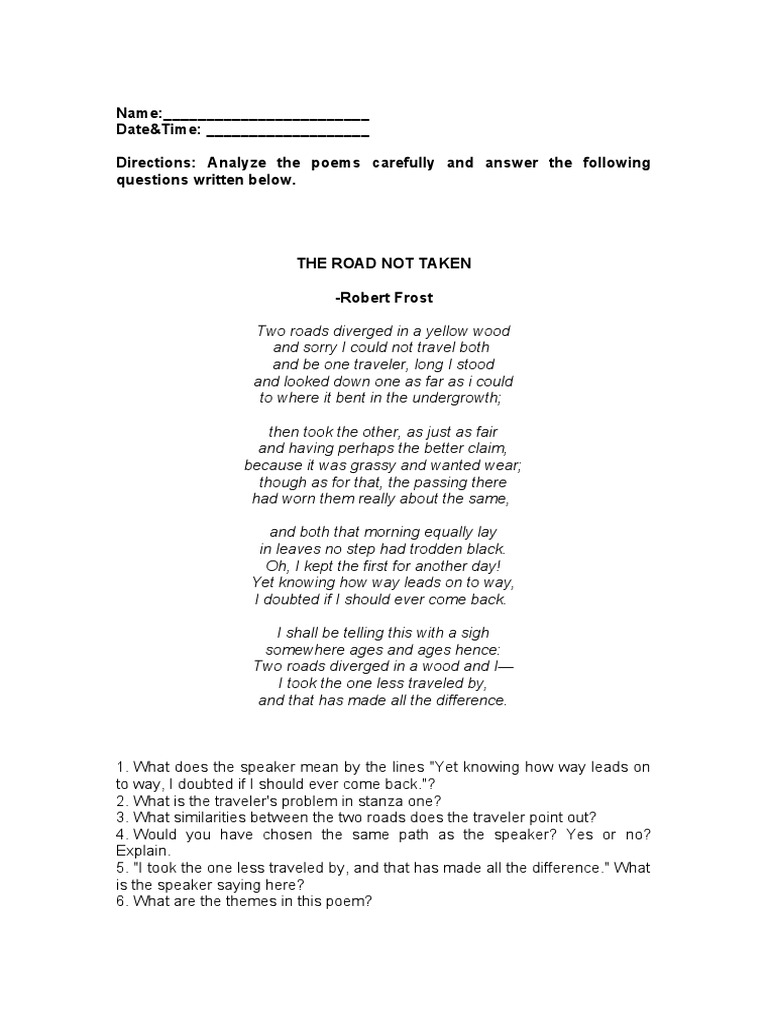 Name: - Date&Time: - Directions: Analyze The Poems Carefully and Answer ...