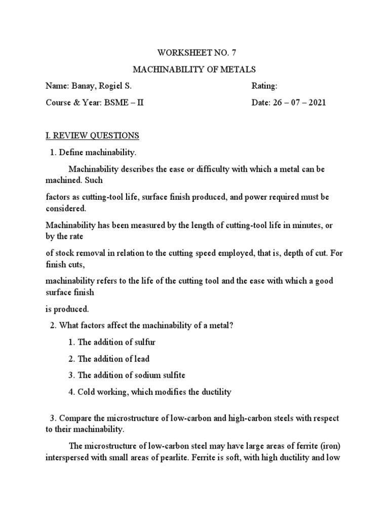 Worksheet No. 7 | PDF | Steel | Machining