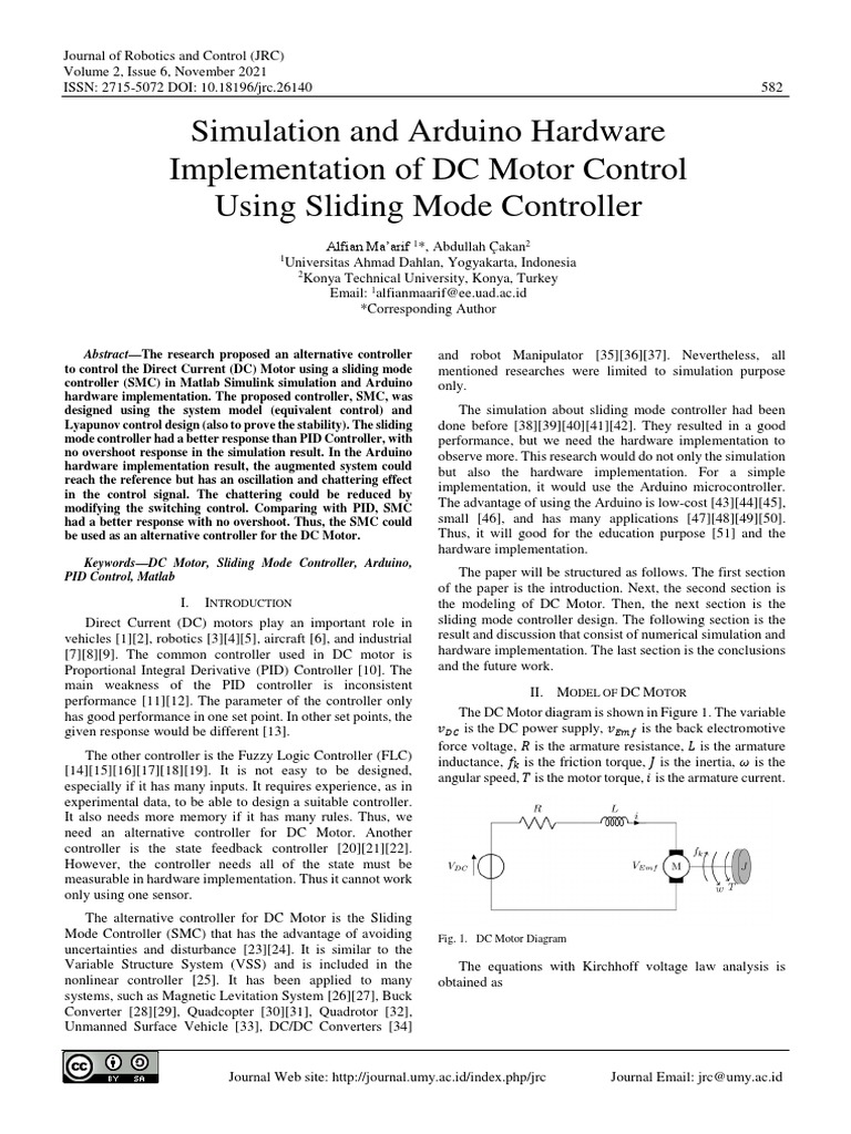 Simulation And Arduino Hardware Implementation Of Dc Motor Control Using Sliding Mode Controller