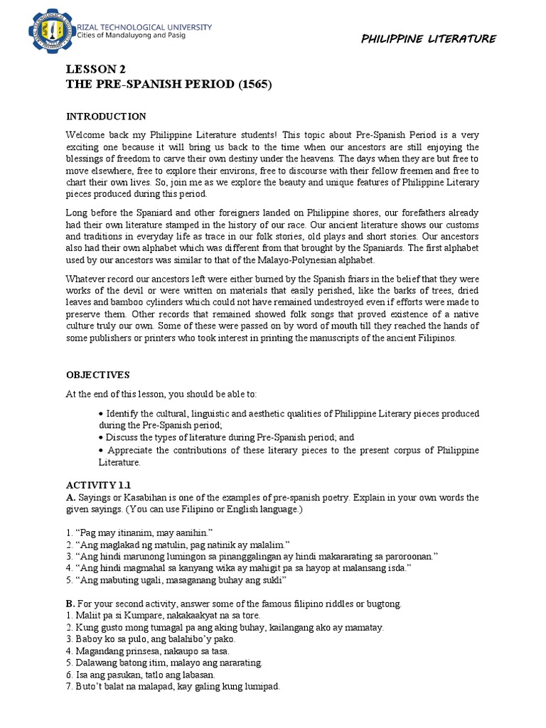 Lesson 2 The Pre-Spanish Period (1565) : Philippine Literature | PDF