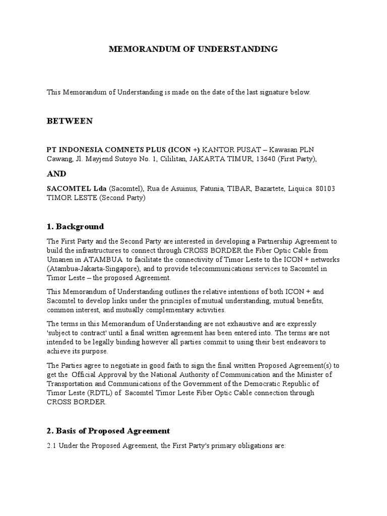 MOU for Fiber Optic Partnership | PDF | Legal Remedy | Confidentiality