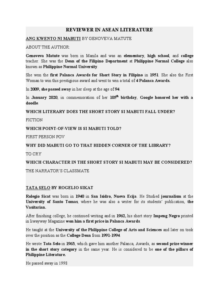 Reviewer in Asean Literature | PDF | Poetry | Plot (Narrative)