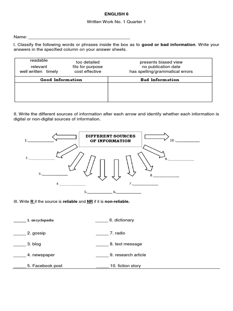 Grade 6 English Information Sources Worksheet | PDF | Information ...