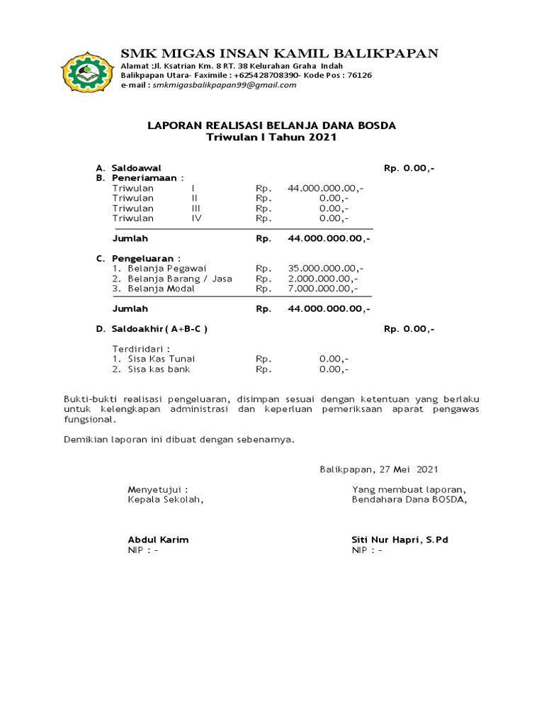 SMK Migas Insan Kamil Balikpapan: Laporan Realisasi Belanja Dana Bosda ...