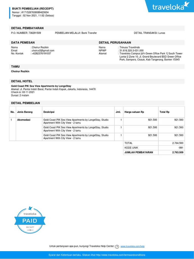Receipt for Hotel Booking at Traveloka | PDF