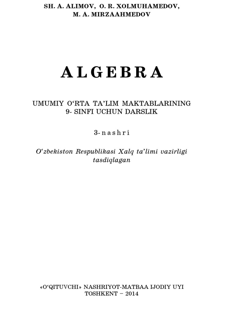 Algebra. 9-Sinf (2014, SH - Alimov, O.xolmuhamedov) | PDF