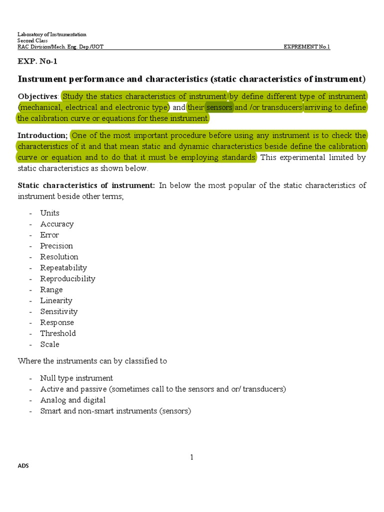 Instrument Performance and Characteristics (Static Characteristics of ...