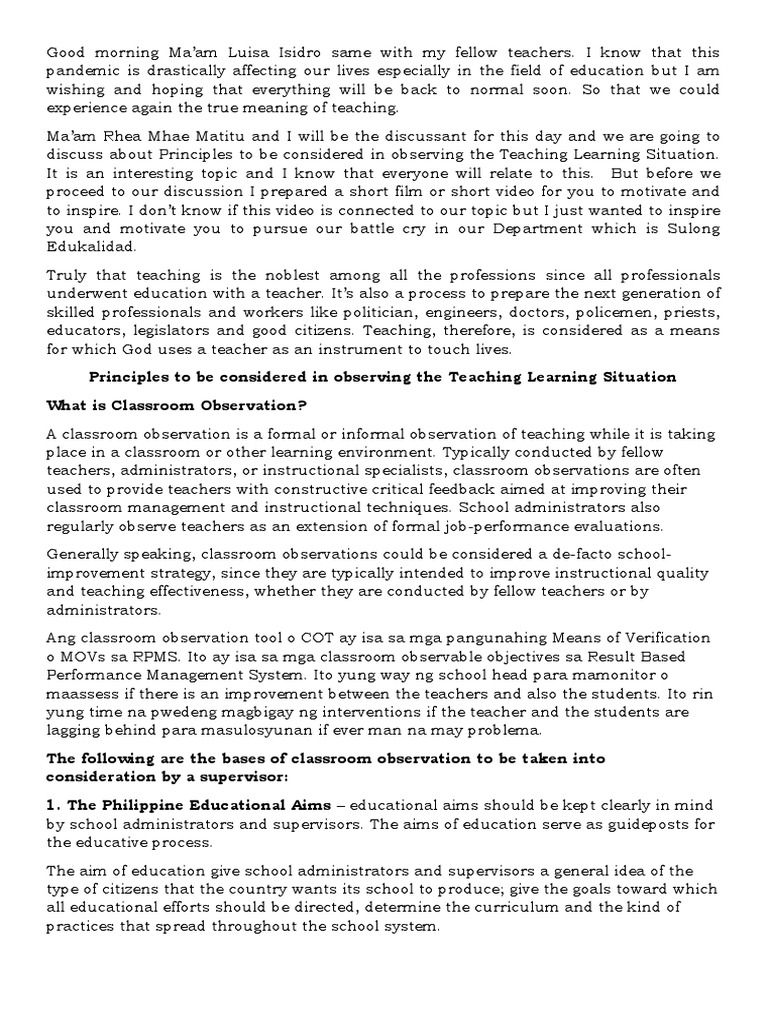 What Is Classroom Observation Guide For Reporting | PDF | Teachers ...
