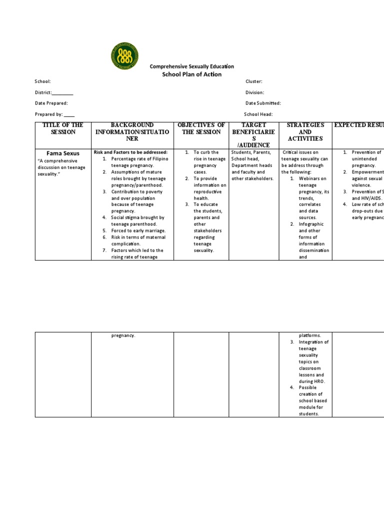 School Plan of Action: Comprehensive Sexually Education | PDF ...