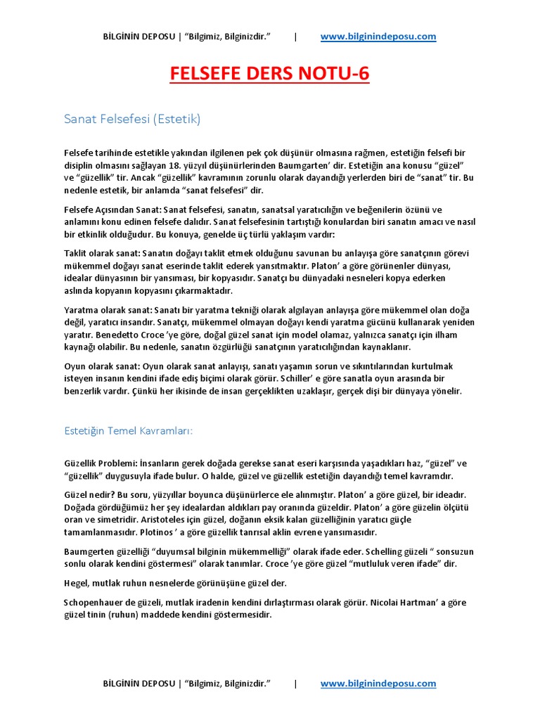 Felsefe Ders Notu 6 - Sanat Felsefesi - Bilginin Deposu | PDF