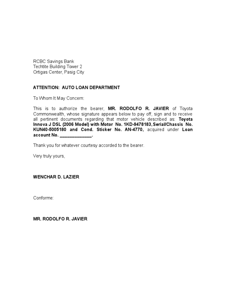 Docshare - Tips Authorization Letter For Car Loandoc | PDF
