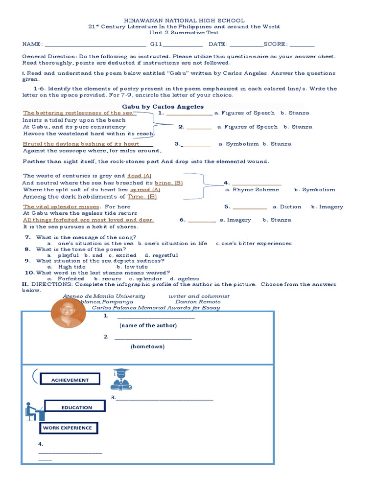 Unit 2 Summative Test | PDF | Poetry