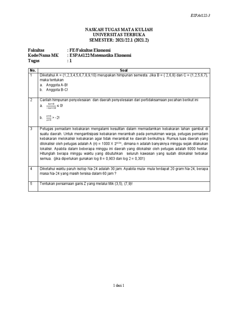 Soal Espa4122 Tmk1 3 | PDF | Metode & Bahan Ajar | Teknologi & Rekayasa