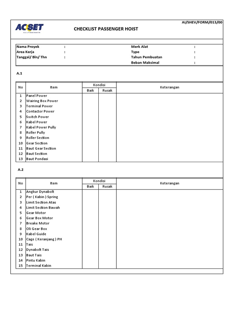 AI-SHEV-FORM-013-00 Form Checklist Passenger Hoist | PDF