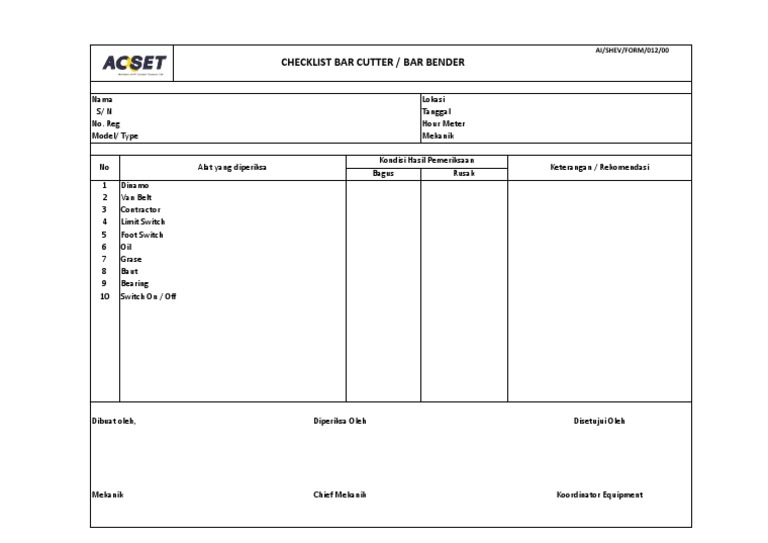 AI-SHEV-FORM-012-00 Form Checklist Bar Cutter Bar Bender | PDF