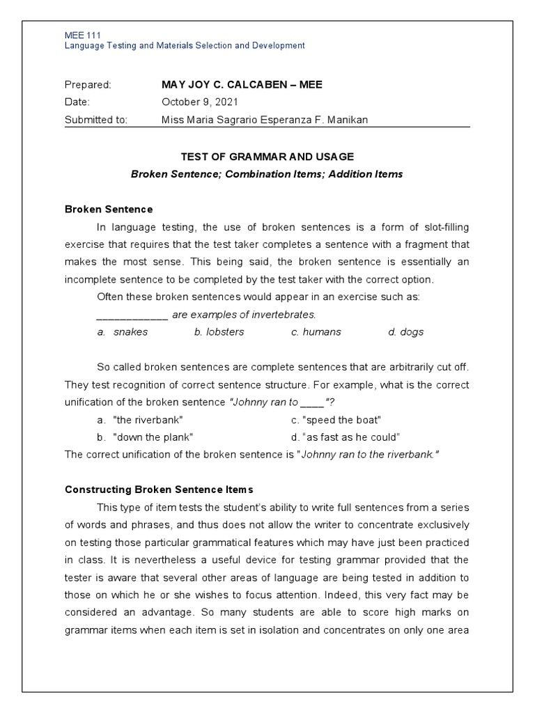 Broken Sentence Combination Addition | PDF | Test (Assessment) | Grammar