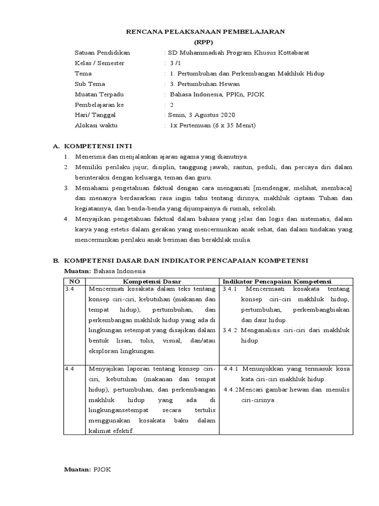 RPP Tema 1 Subtema 3 Pembelajaran 2 Kelas 3 | PDF