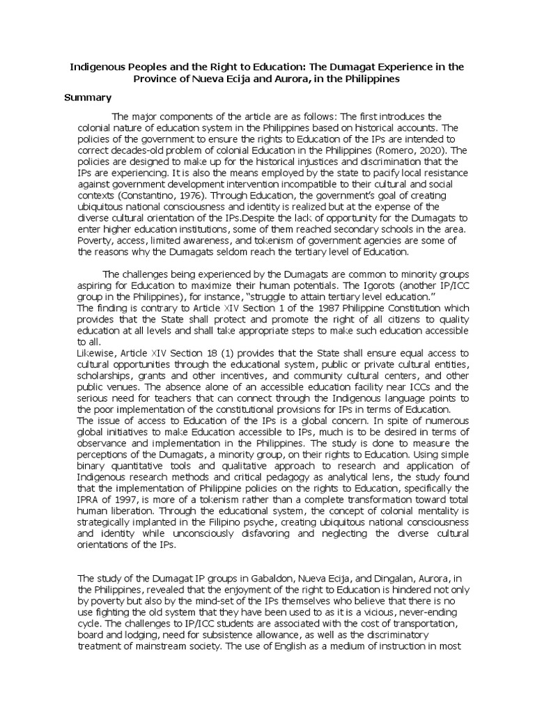 Indigenous Peoples and The Right To Education: The Dumagat Experience ...