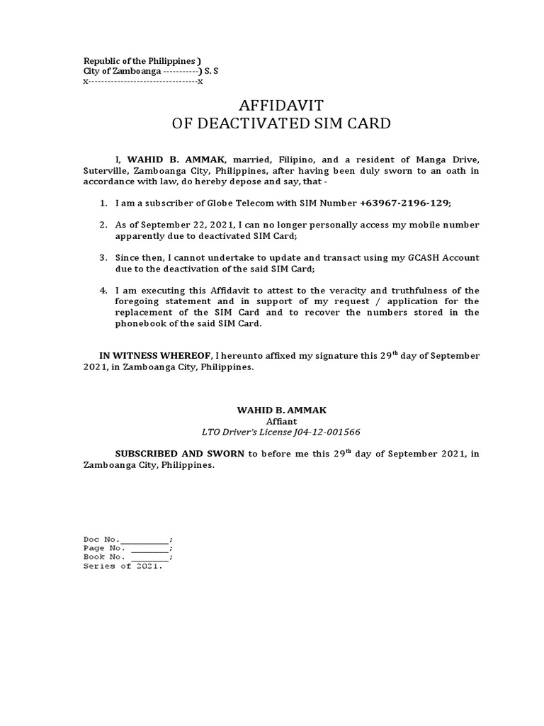 Affidavit Sim Card Deactivated 2021 Ammak | PDF