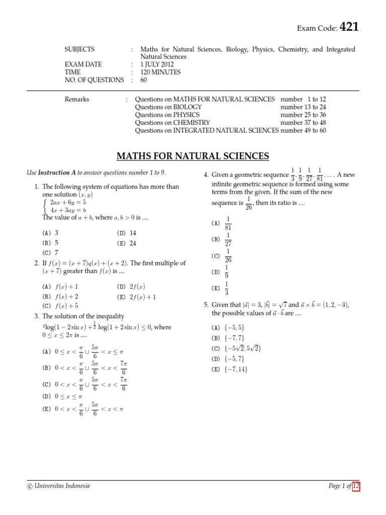 Maths For Natural Sciences: Exam Code | PDF | Mathematics | Elementary ...