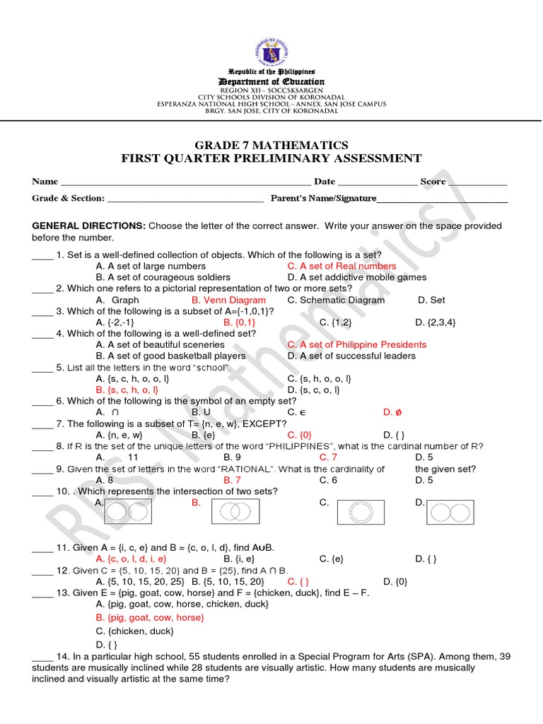 First Quarter Preliminary Assessment: Grade 7 Mathematics | PDF | Empty ...