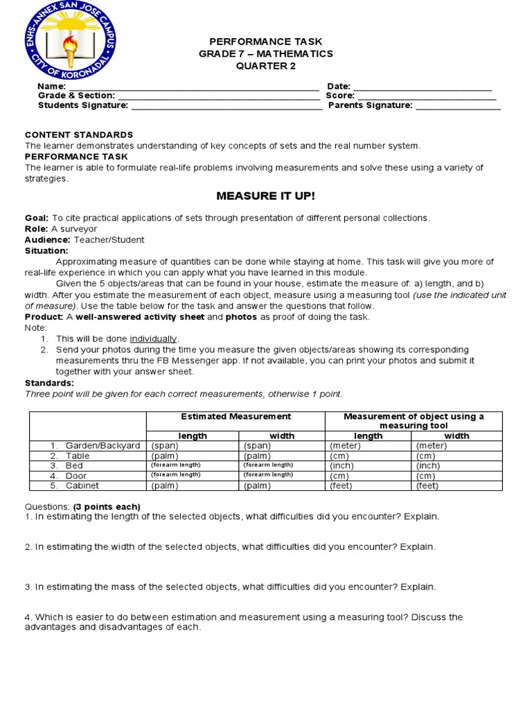 Measure It Up!: Performance Task Grade 7 - Mathematics Quarter 2 | PDF ...