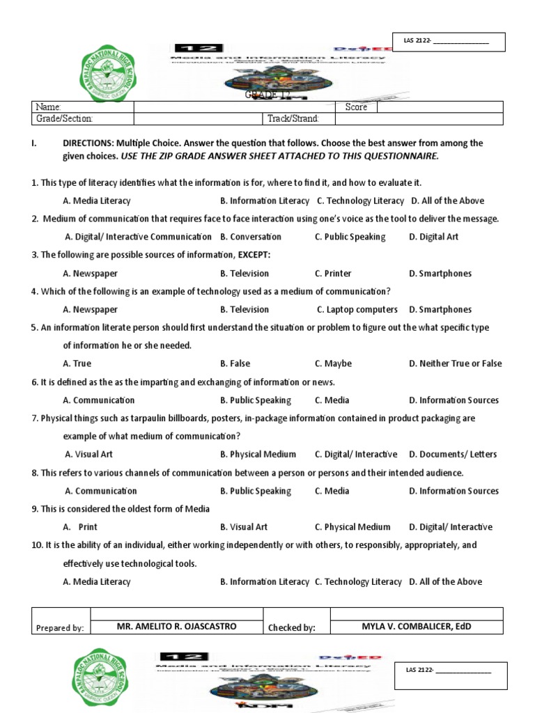 Use The Zip Grade Answer Sheet Attached To This Questionnaire | PDF ...