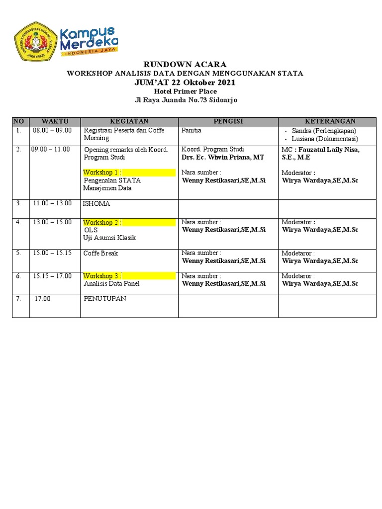 Rundown Acara Workshop Analisis Data | PDF