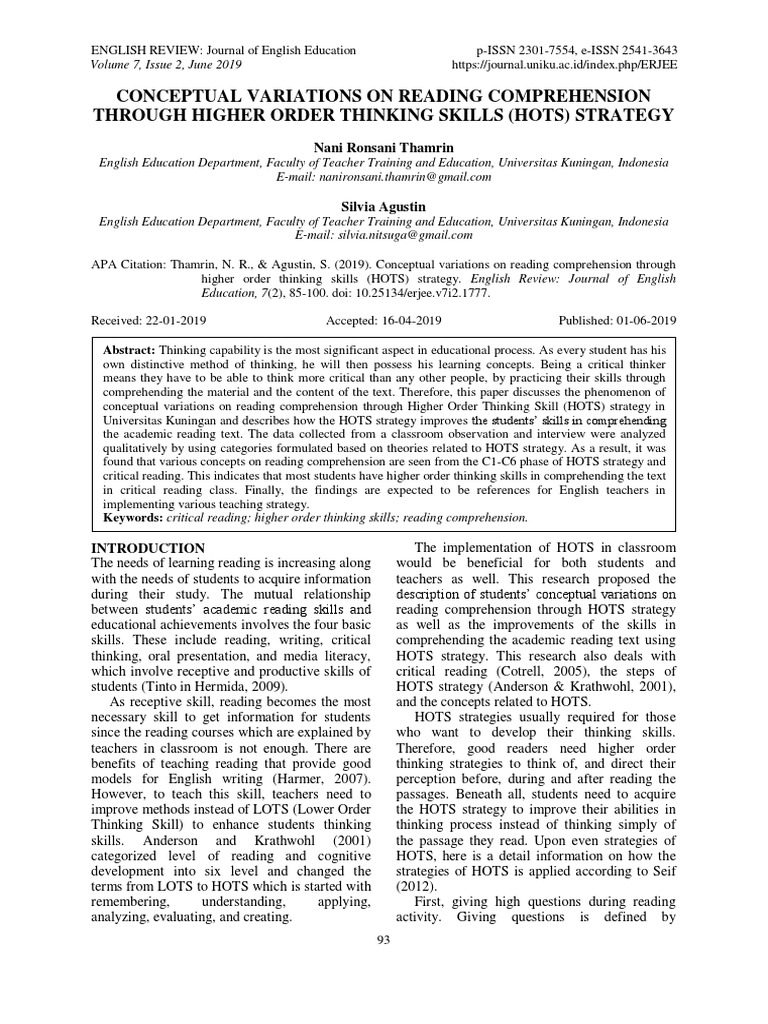 Conceptual Variations On Reading Comprehension THR | PDF | Reading ...