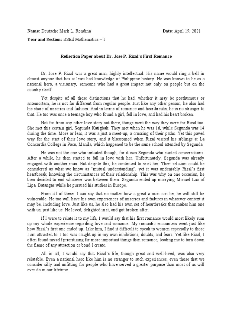 Assignment in Life and Works of Rizal - Reflection Paper On Rizal's ...