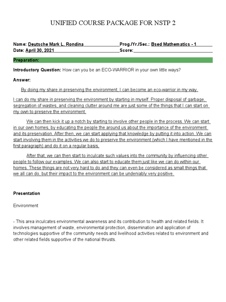 BSEd-Math-1 NSTP Portfolio - Deutsche Mark Rondina | PDF | Waste ...